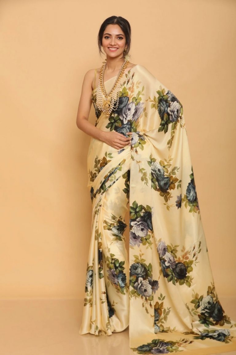Japanese Satin Butter Floral Saree - Rsm Silks Online