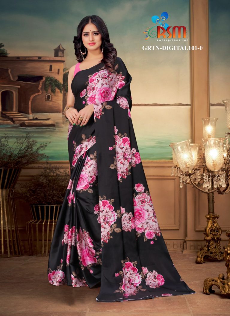 Borderless Floral Satin Saree in Black - Rsm Silks Online